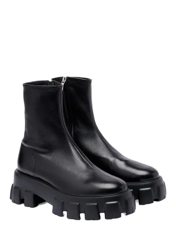 Prada Monolith Leather Ankle Boots - Black