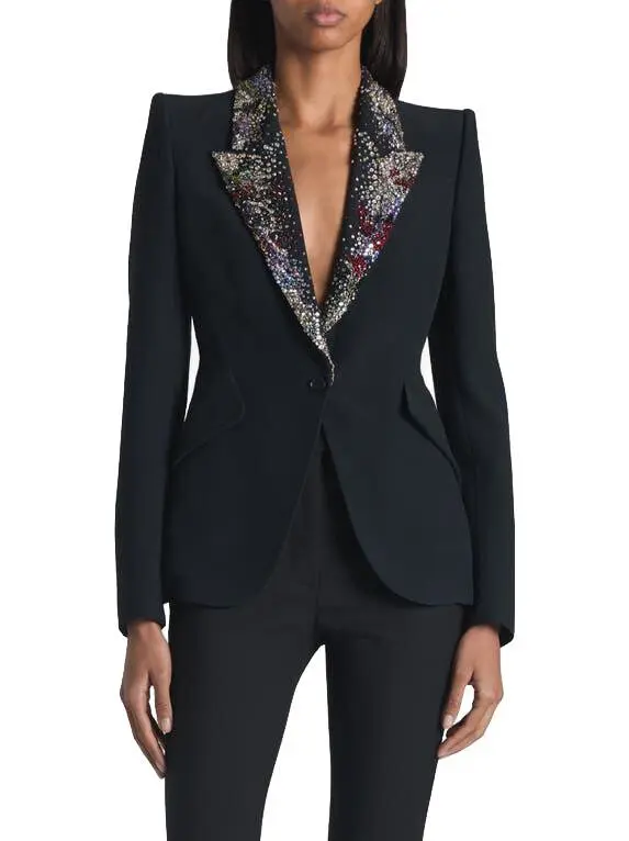 Alexander McQueen Embellished Lapels Crepe Blazer - Black