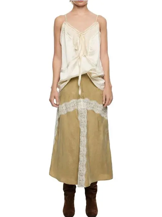 Bimba Y Lola Contrast Lace A-line Midi Skirt - Light Khaki
