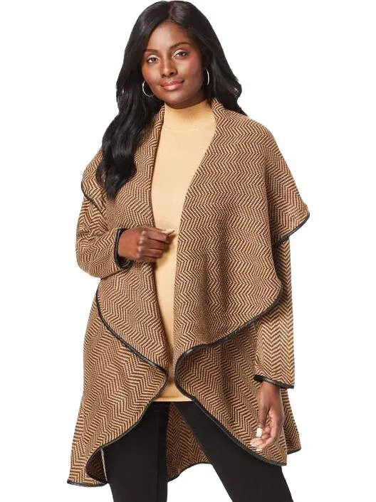 JESSICA LONDON Faux Leather-trim Open-front Sweater - Soft Camel Herringbone