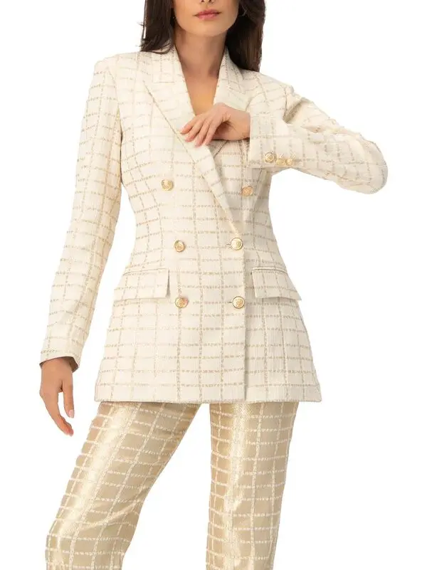 IVONNE Textured Check Double-breasted Blazer - Gold
