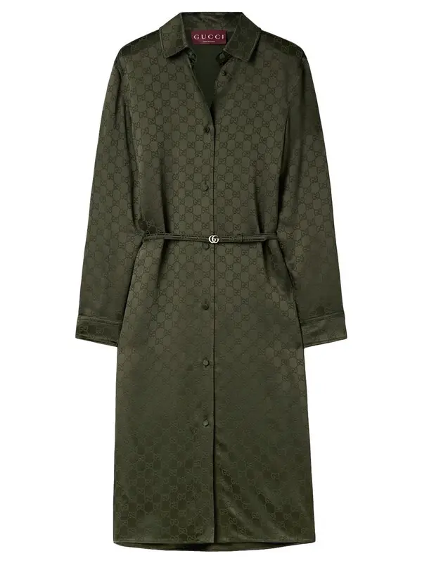 Gucci Belted Satin-jacquard Midi Shirt Dress - Green