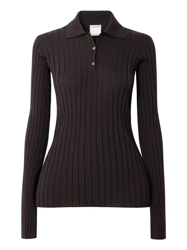 Calvin Klein Ribbed Wool Polo Sweater - Brown