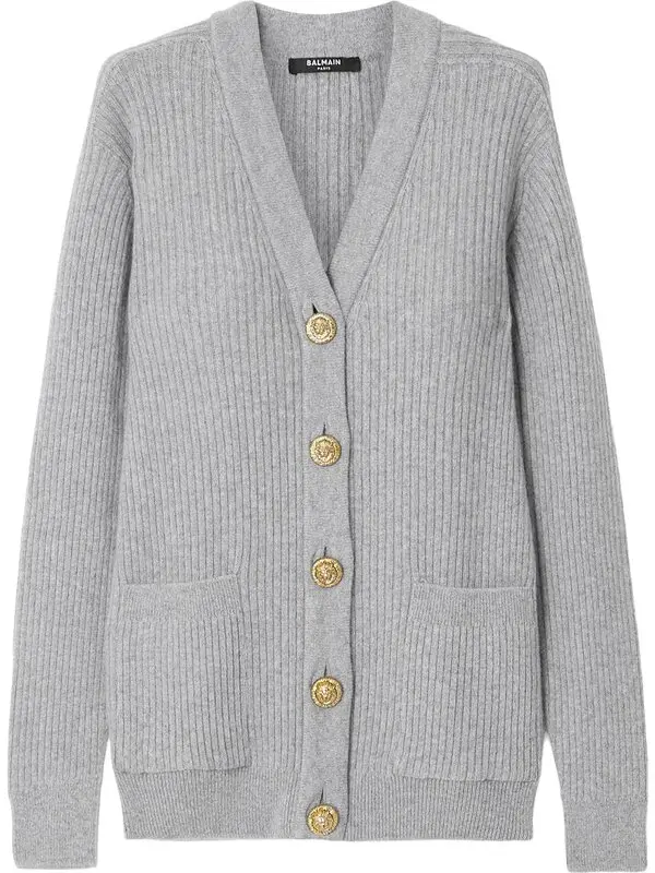 Balmain Ribbed Wool And Cashmere-blend Cardigan - Gray