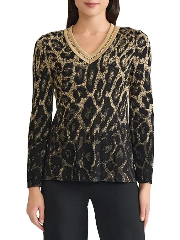 Ming Wang Metallic Leopard Jacquard Tunic - Black/gold