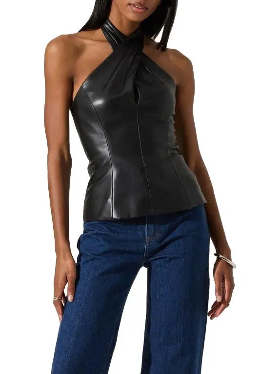 Astr The Label Faux Leather Halter Top - Black