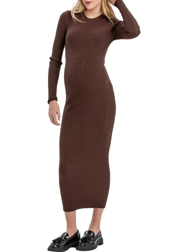 PIETRO BRUNELLI Stella Long Sleeve Ribbed Maternity Dress - Moka