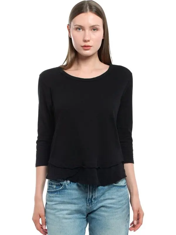 WILT CLOTHING Shrunken Crew 3/4 Sleeve Mock Layer Tee - Black