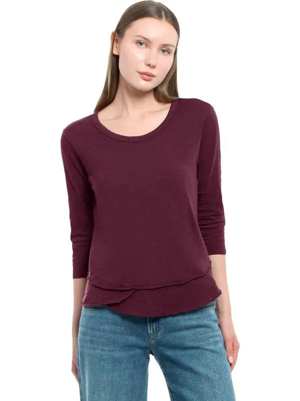 WILT CLOTHING Shrunken Crew 3/4 Sleeve Mock Layer Tee - Dark Fig