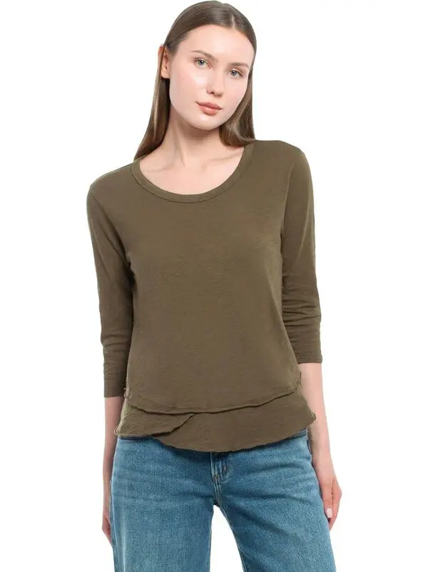 WILT CLOTHING Shrunken Crew 3/4 Sleeve Mock Layer Tee - Dark Olive