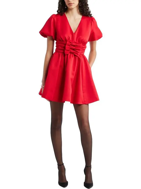 Chelsea28 Bow Detail Puff Sleeve Mini Dress - Red Barbados