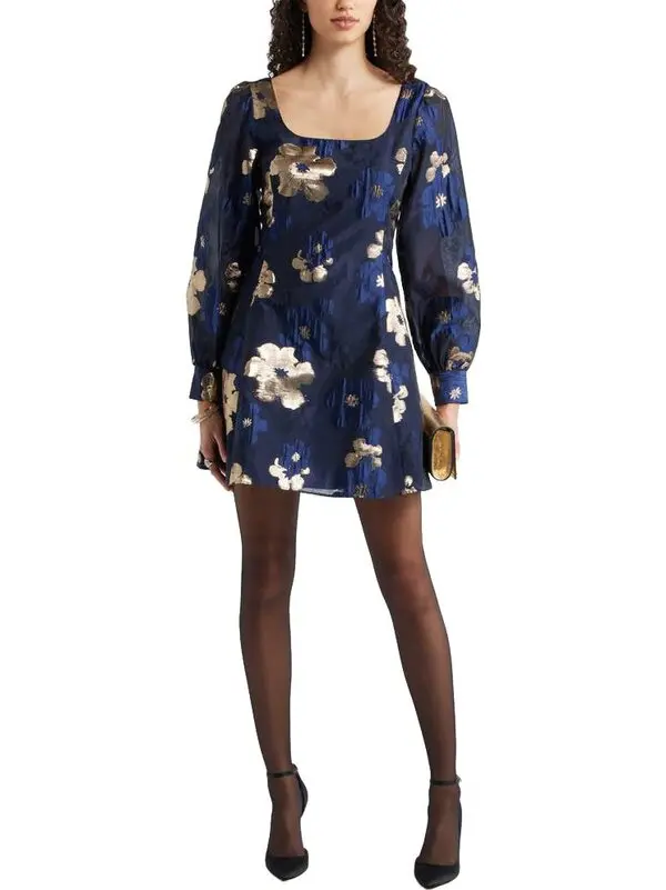 Chelsea28 Metallic Floral Jacquard Mini Dress - Navy Multi Lurex
