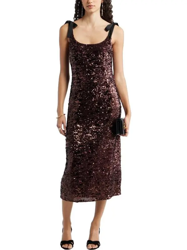 Chelsea28 Sequin Tie Shoulder Midi Dress - Burgundy Sequins