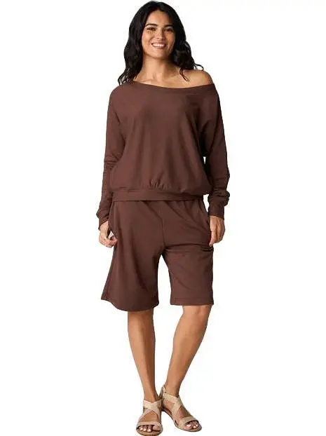 EAVOLU Baikal Eco-luxe Fleece Off-shoulder Crop Top - Earth Brown