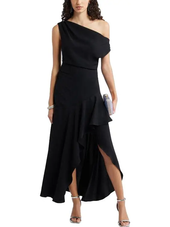 Chelsea28 Cascading Ruffle Crepe One-shoulder Gown - Black