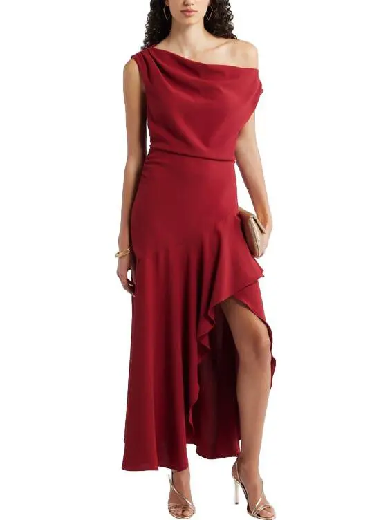 Chelsea28 Cascading Ruffle Crepe One-shoulder Gown - Red Cinder