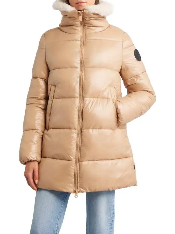 SAVE THE DUCK Bonita Faux Shearling Collar Puffer Jacket - Biscuit Beige