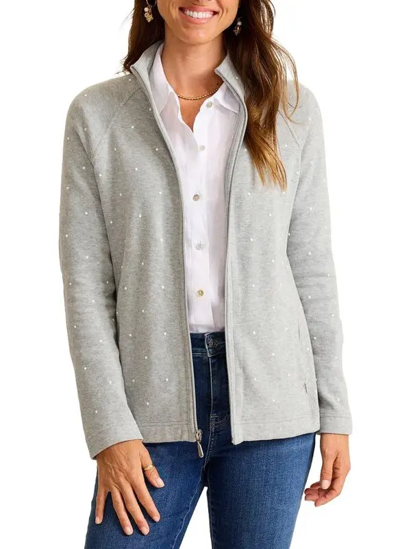 Tommy Bahama Aruba Faux Pearl Embellished Stretch Cotton Sweatshirt - Fossil Grey Heather