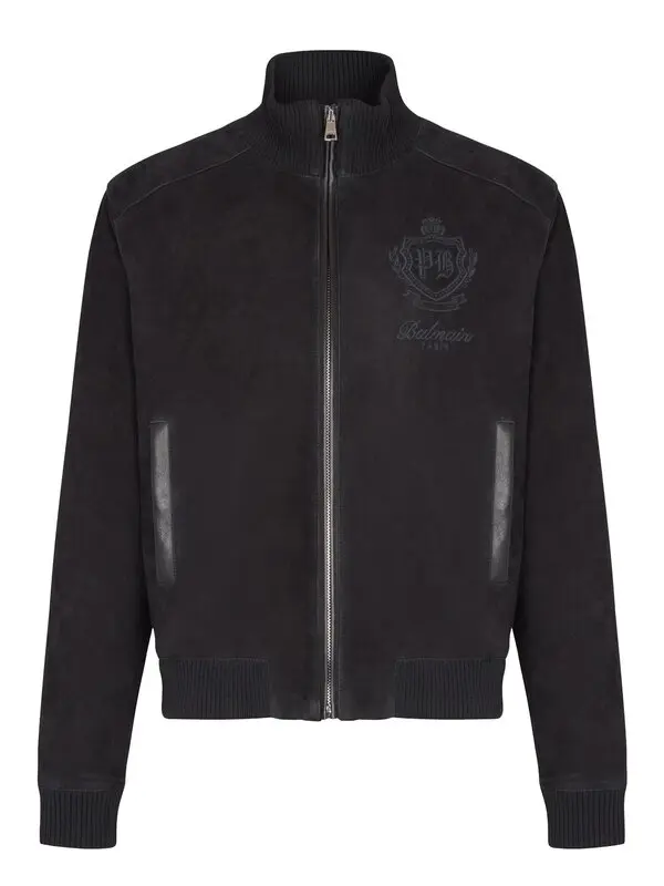 Balmain Suede College Emblem Zip-up Jacket - Black