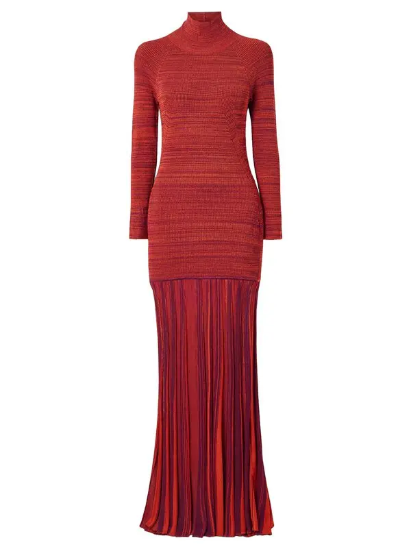 Christopher John Rogers Pleated Ribbed-knit Turtleneck Gown - Red