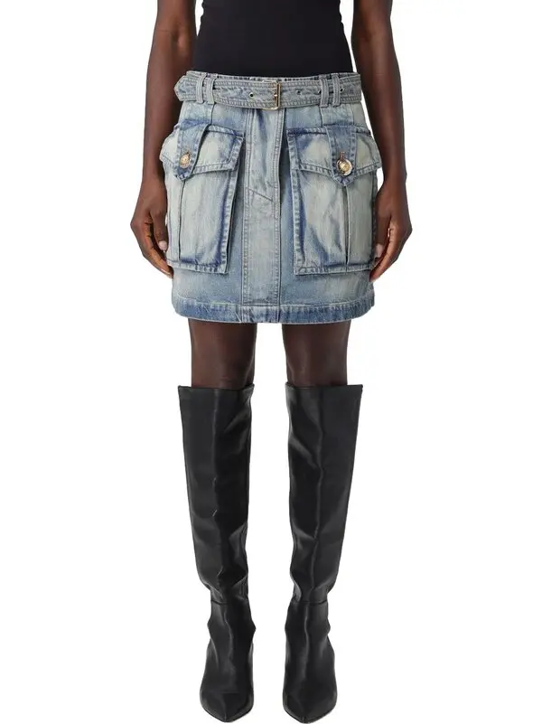 Balmain Belted Denim Mini Skirt - Blue
