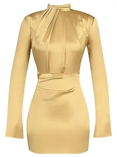 House Of Cb Amala Long-sleeve Satin Mini Dress - Gold