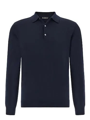 Boggi Milano Long-sleeve Knitted Merino-wool Polo Shirt - Navy Blue
