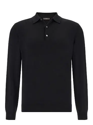 Boggi Milano Long-sleeve Knitted Merino-wool Polo Shirt - Black