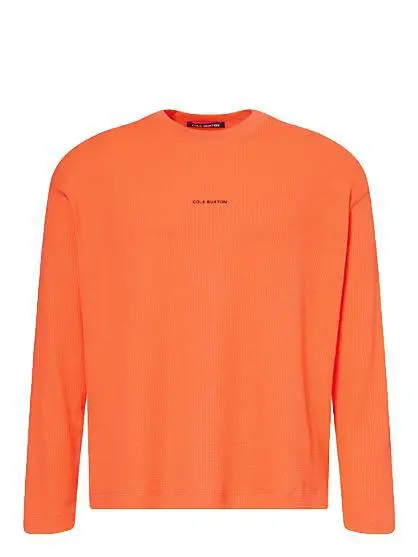 COLE BUXTON Embroidered-logo Long-sleeve Waffle-knit Top - Orange