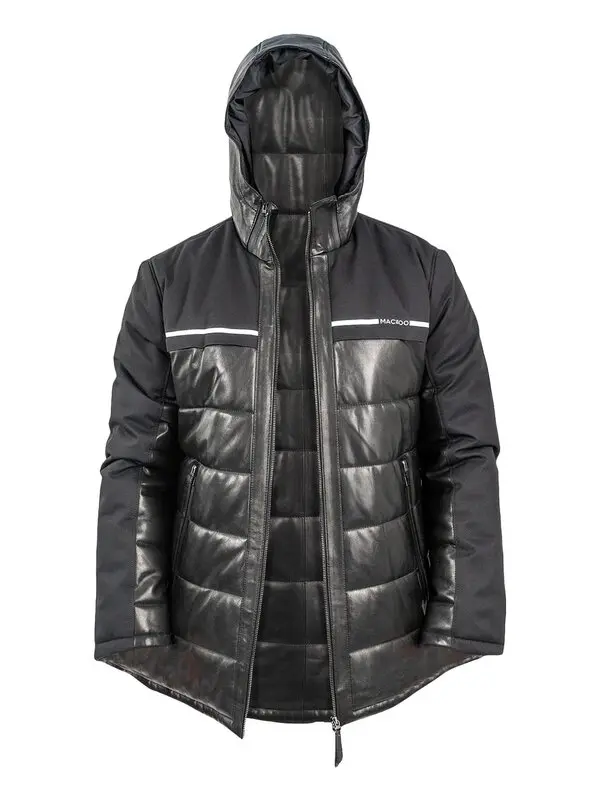 MACEOO Leather Hybrid Hooded Bomber Jacket - Black