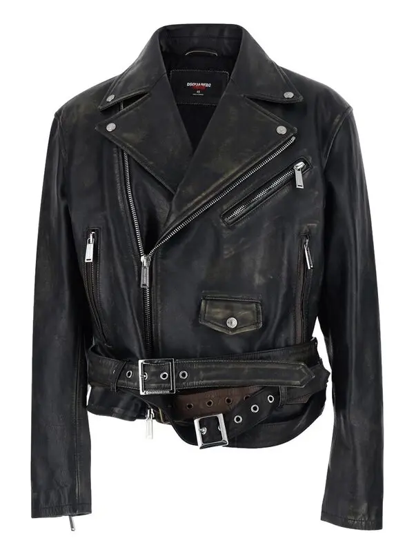 Dsquared2 X Magliano Leather Biker Jacket With Belt - Black