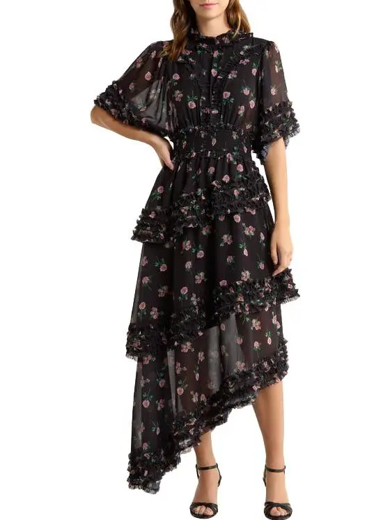SISTER JANE Rose Print Ruffle Maxi Dress - Black