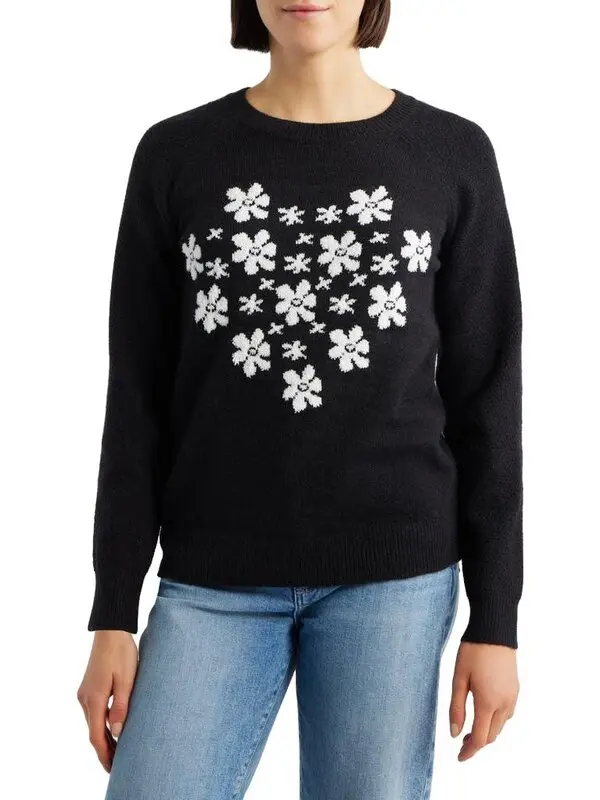 Bobeau Floral Heart Graphic Crewneck Sweater - Black/ivory