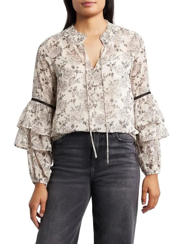 Bobeau Floral Tiered Ruffle Sleeve Top - Oatmeal/brown Floral