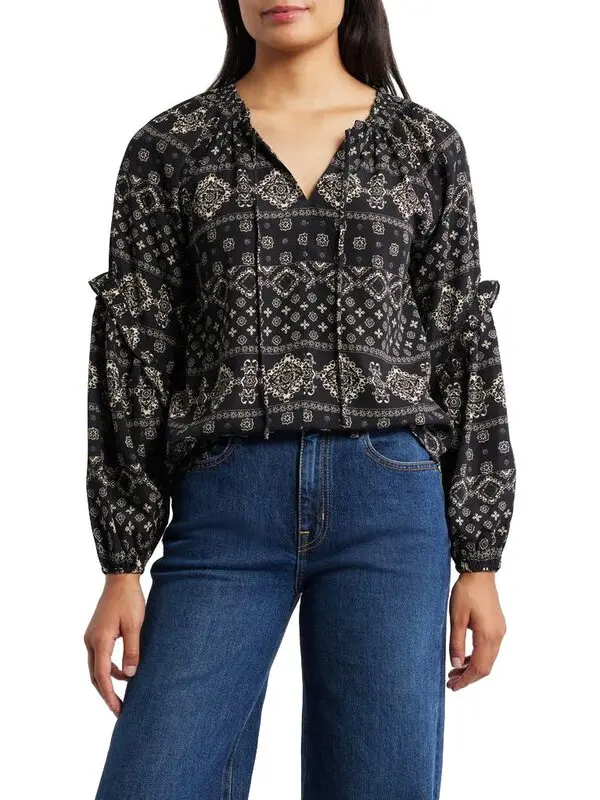 Bobeau Paisley Print Long Sleeve Shirt - Black/oatmeal
