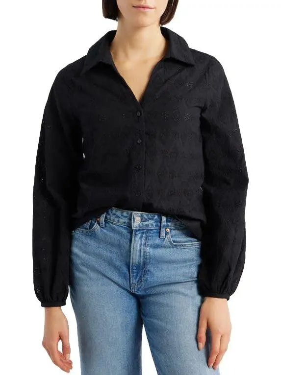 Bobeau Embroidered Eyelet Cotton Button-up Shirt - Black