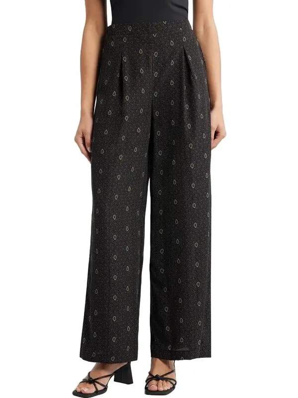 Bobeau Allover Print Wide Leg Pants - Navy/curry Ditsy