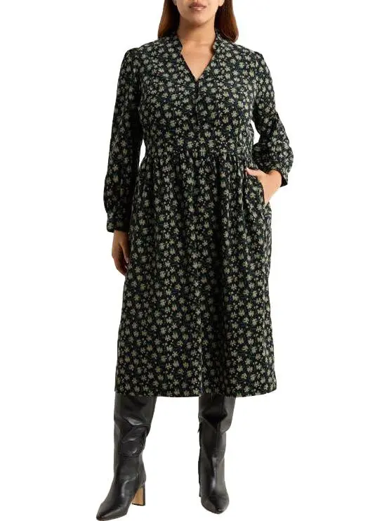 SEASALT CORNWALL Floral Long Sleeve Corduroy Midi Dress - Smudge Floral Onyx