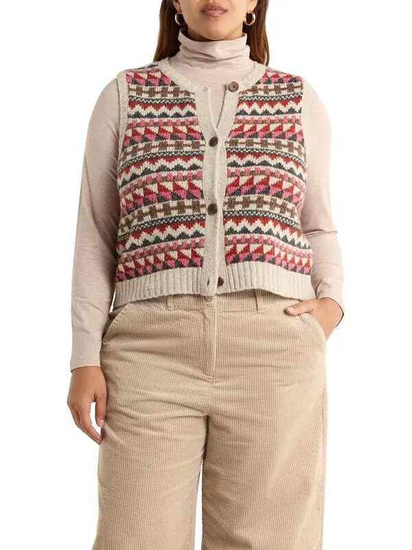 SEASALT CORNWALL Fair Isle Merino Wool Blend Sweater Vest - Zig Zag Geo Aran Red Sail