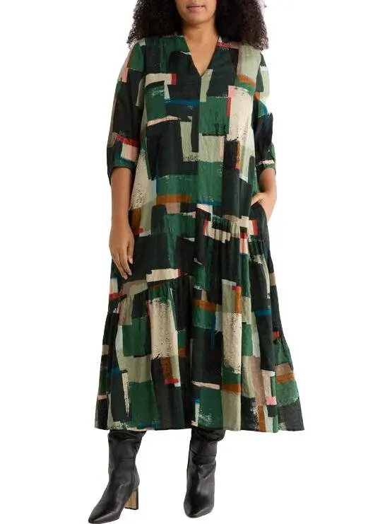 SEASALT CORNWALL Windblown Geo Print Organic Cotton Blend Midi Dress - Aerial Field Coppice