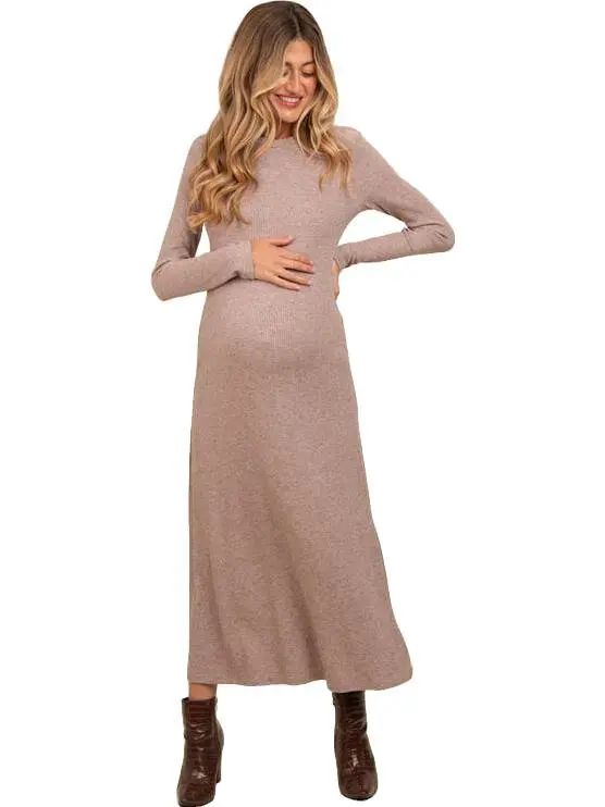 PINKBLUSH Ribbed Knit Side Slit Midi Dress - Mocha