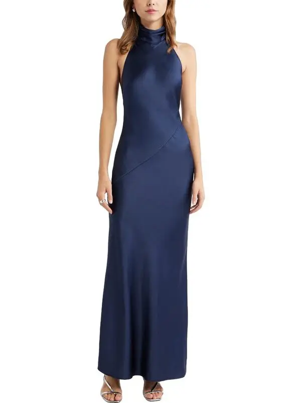 OPEN EDIT Sleeveless Satin Halter Maxi Dress - Navy Iris