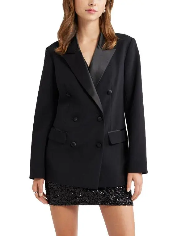 OPEN EDIT Double Breasted Blazer With Satin Trim - Black