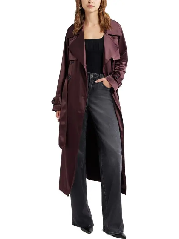 OPEN EDIT Belted Satin Trench Jacket - Burgundy Fudge