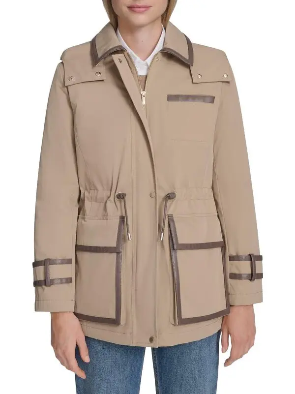 Cole Haan Hooded Water Resistant Insulated Raincoat - Sand