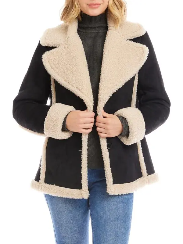 Karen Kane Faux Suede Jacket With Faux Shearling Trim - Black/cream