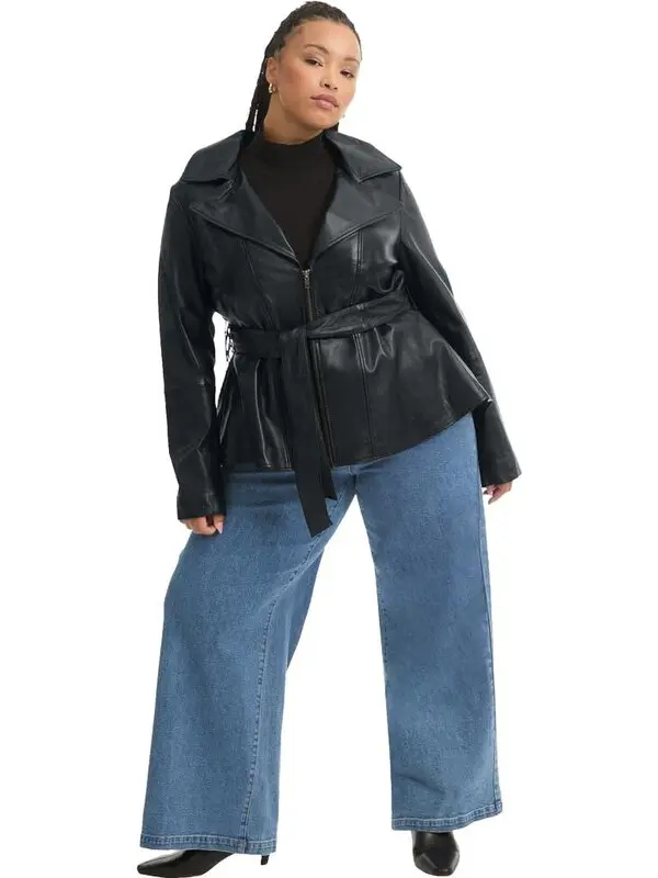 JUNE + VIE High-low Belted Leather Jacket - Black