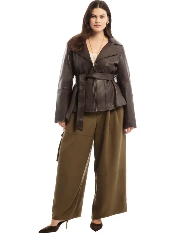 JUNE + VIE High-low Belted Leather Jacket - Chocolate Plum