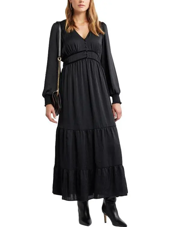 Treasure & Bond Smocked Cuff Long Sleeve Satin Maxi Dress - Black