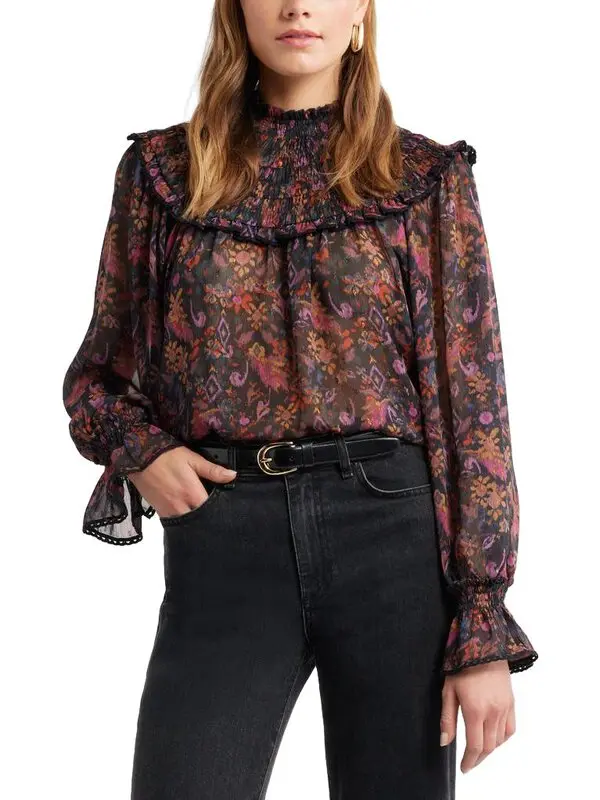 Treasure & Bond Floral Metallic Smocked Yoke Top - Black- Purple Rose Tapestry
